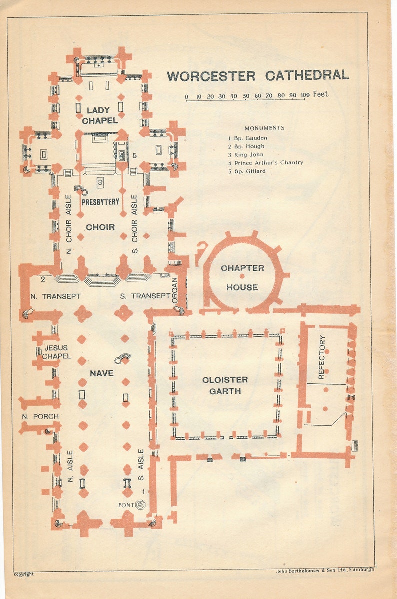 1930 Worcester & Worcester Cathedral United Kingdom Antique Map - Etsy