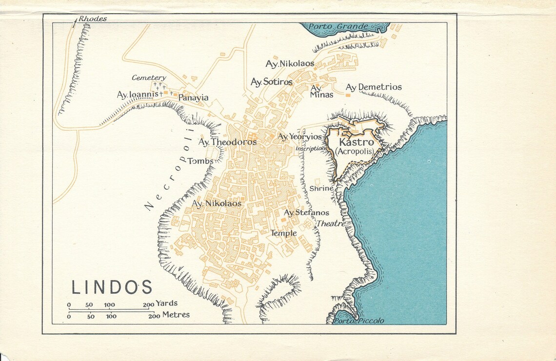 1967 Lindos Rhodes Greece Vintage Map - Etsy