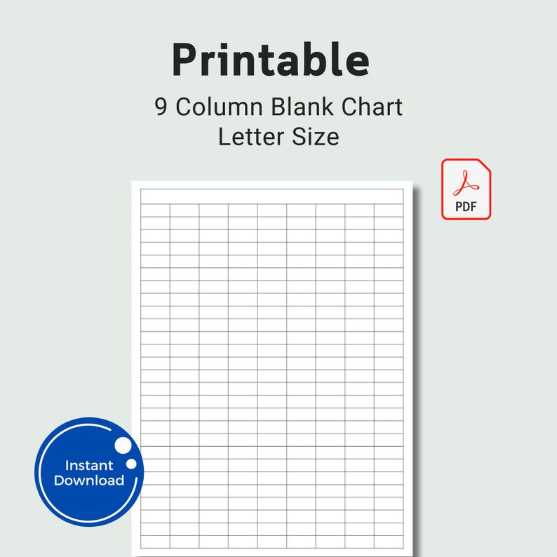 Printable 9 Blank Columns Chart Text Input Print And Write Pdf Digital Download File Us Letter