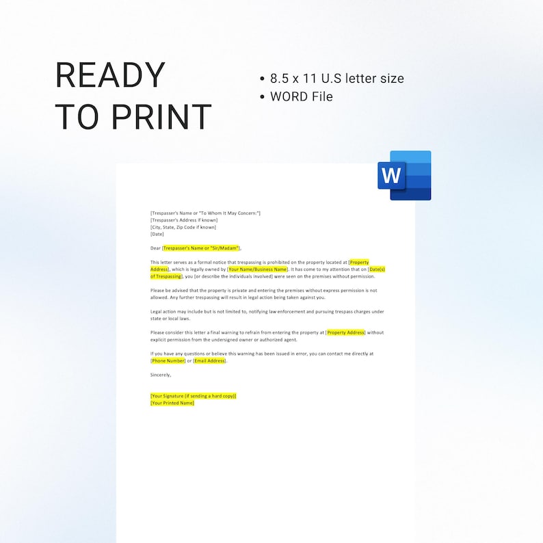 Editable No Trespassing Letter Template (word File) - Etsy