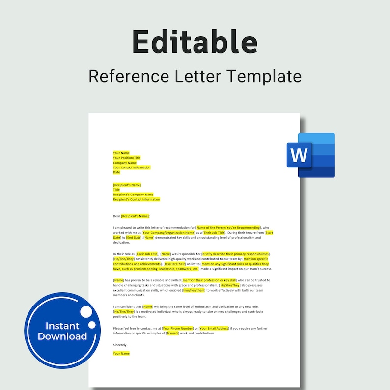 Editable Employee Reference Letter Template (word File) - Etsy