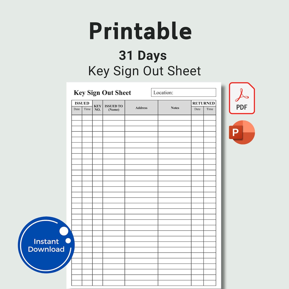 Printable Key Sign Out Sheet, Visitor Sign in Out Form, Event Sign in ...