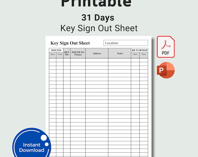 Key Sign Out Sheet, Key Sigh Out Log, Sign in Out Form, Equipment Key ...