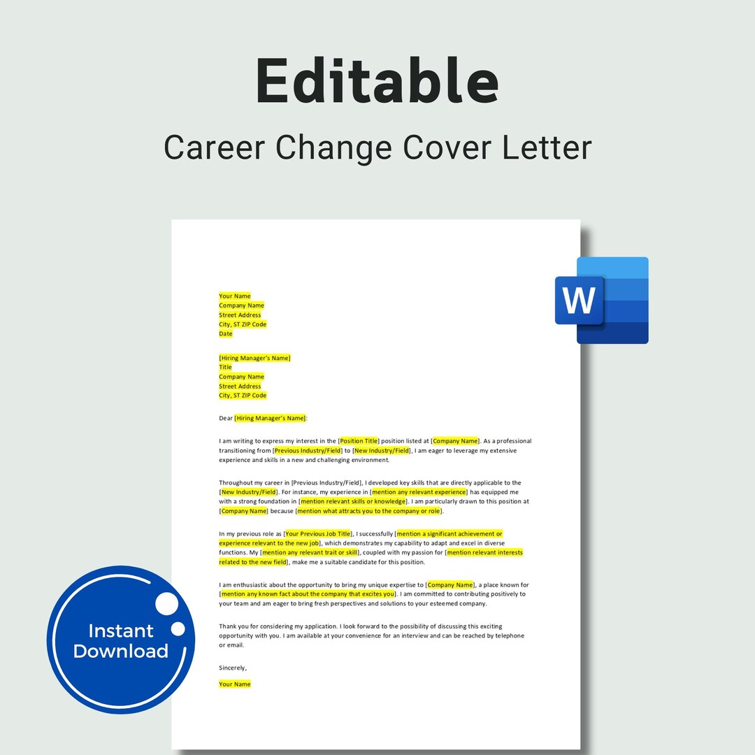 Editable Career Change Cover Letter, Cover Letter Template, Word Docs ...