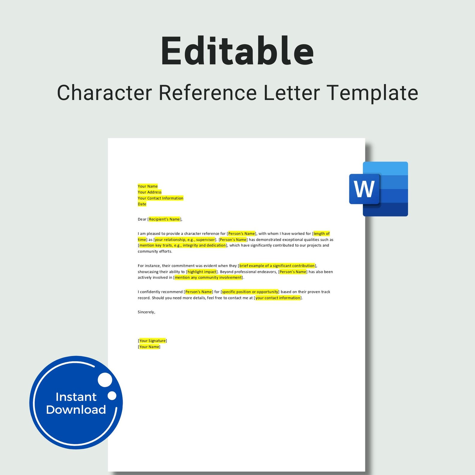 Editable Character Reference Letter Template (word File) - Etsy