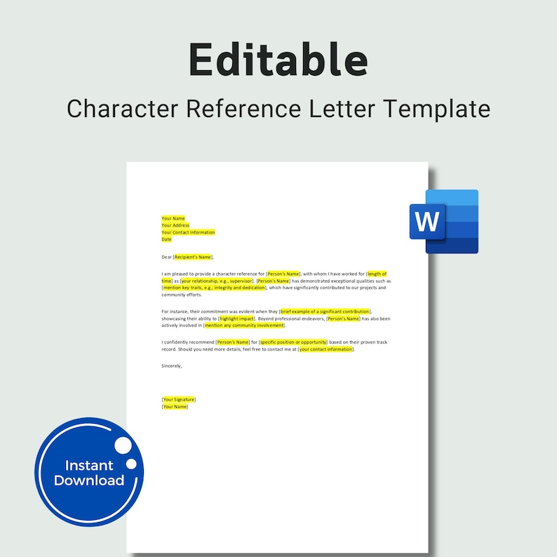 Editable Character Reference Letter Template (word File) - Etsy
