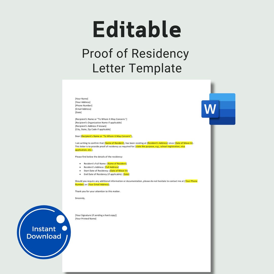 Editable Proof of Residency Letter Template (word File) - Etsy UK