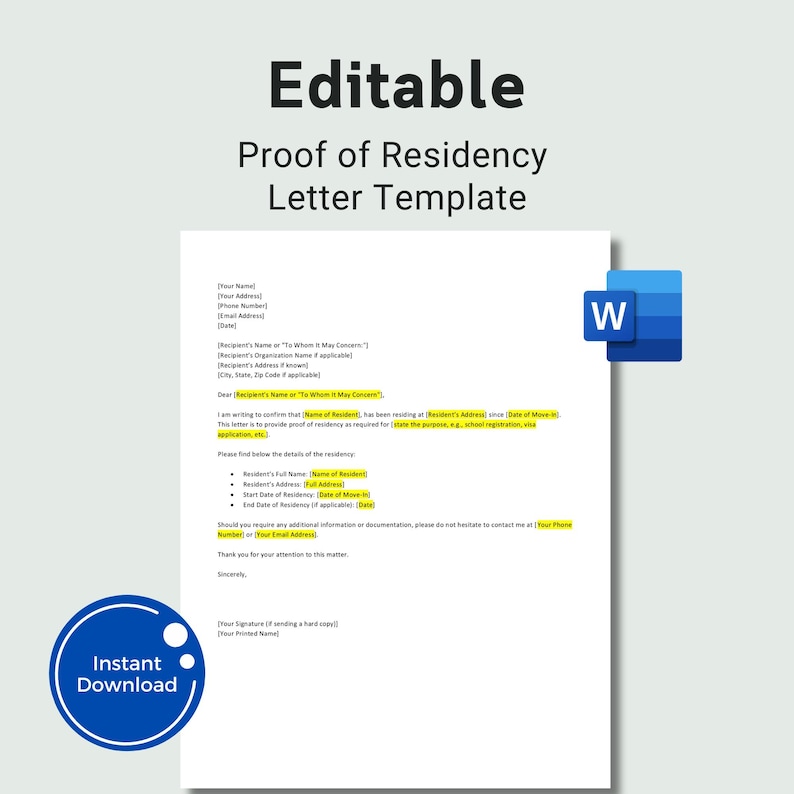 Editable Proof of Residency Letter Template (word File) - Etsy UK