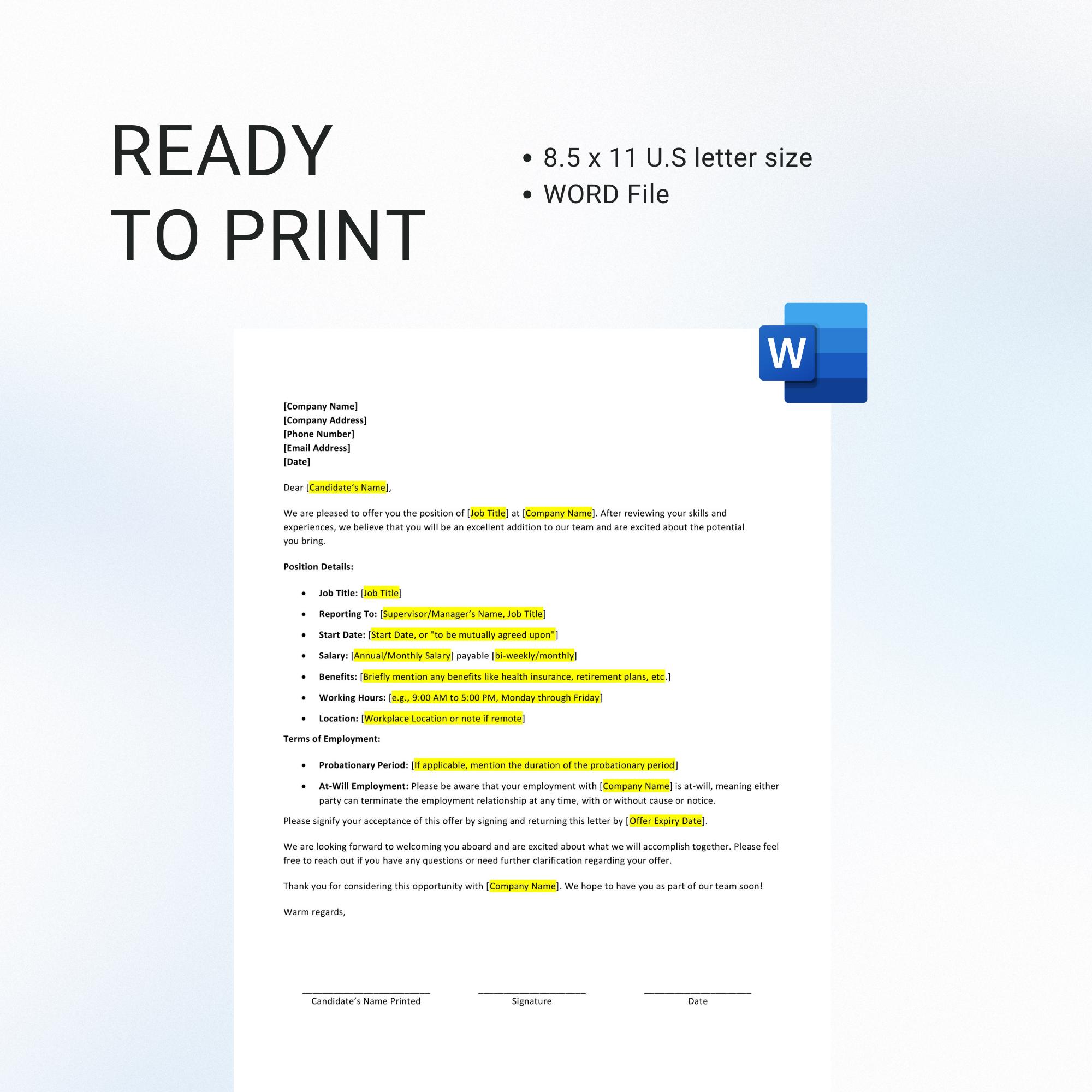 Editable Job Offer Letter Template: Professional Employment Offer (word ...