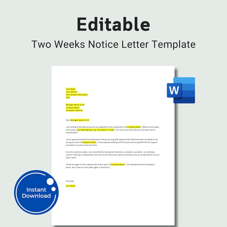 Editable Two Weeks Notice Letter Template, Two Weeks Notice Letter, Two ...