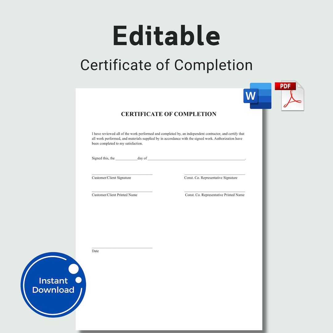 Editable Construction Certificate of Completion Template, Notice of Job ...