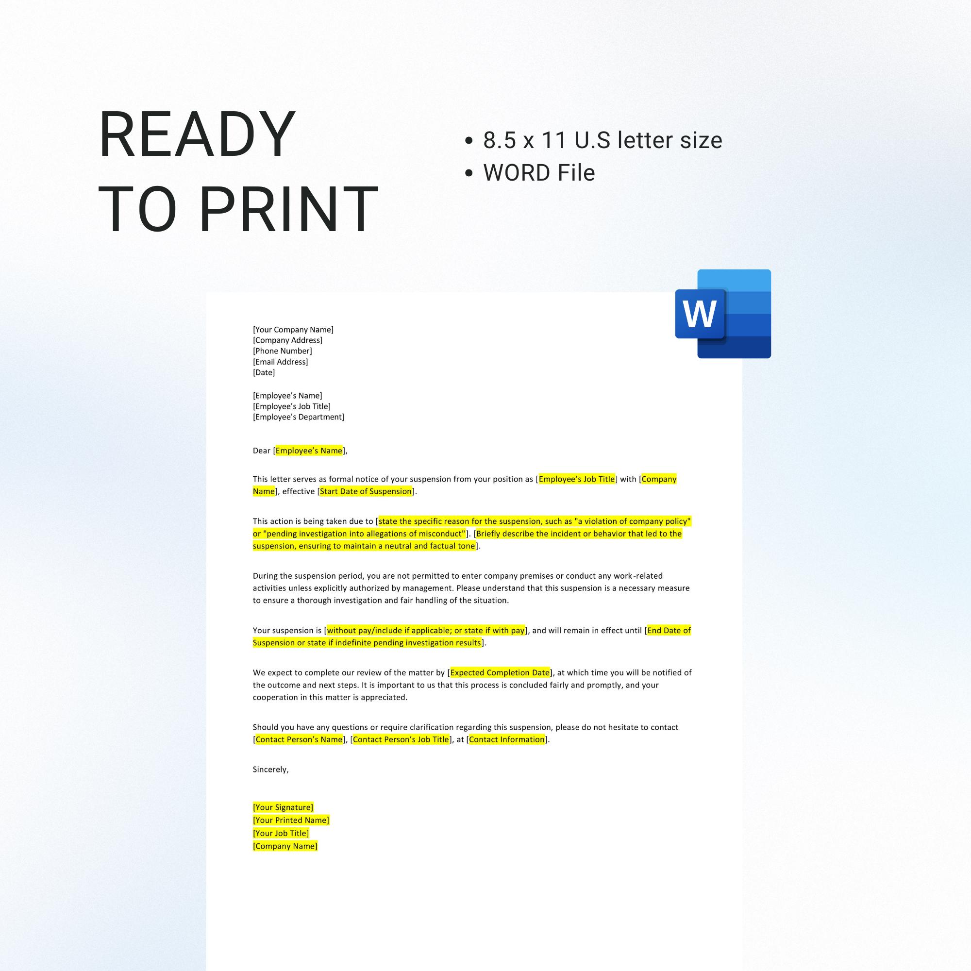 Editable Employee Suspension Letter Template (word File) - Etsy