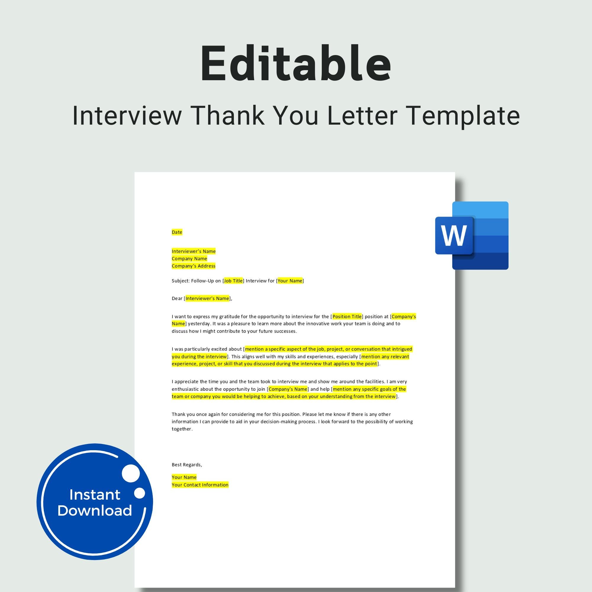 Editable Interview Thank You Letter Template (word File) - Etsy