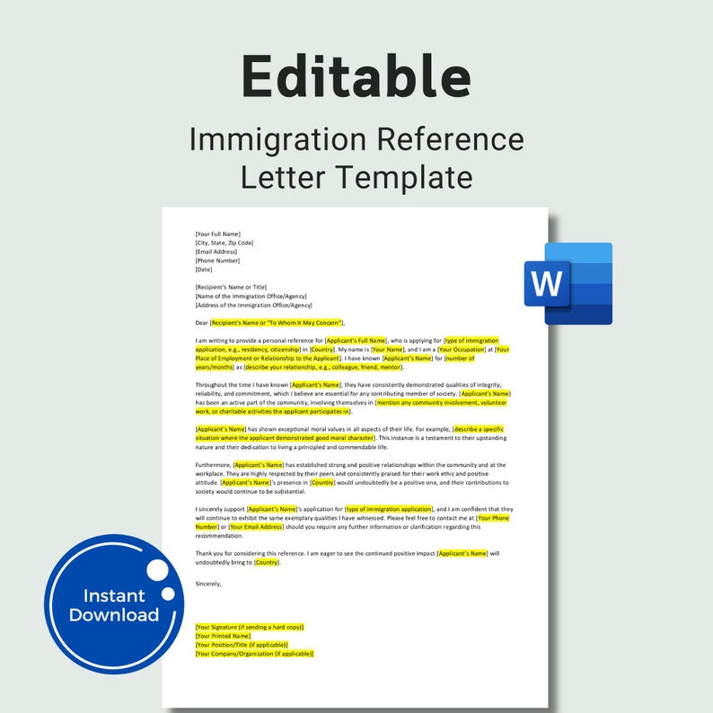 Editable Immigration Reference Letter Template, Immigration Reference ...