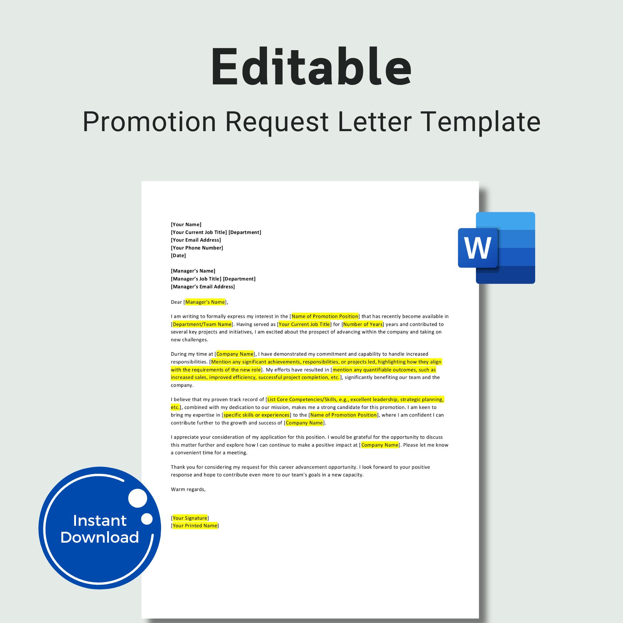 Editable Promotion Request Letter, Request Promotion Offer Letter ...