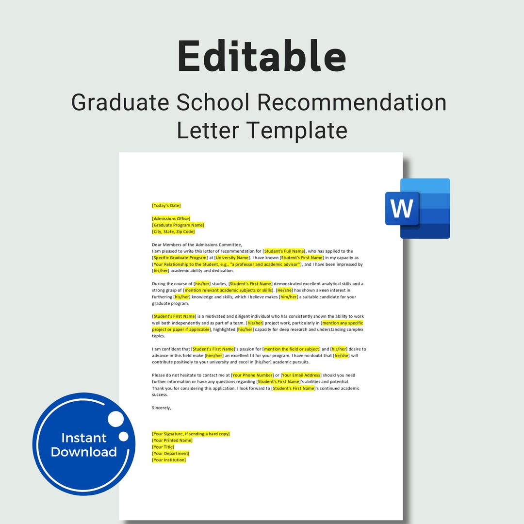 Editable Graduate School Recommendation Letter Template, Academic ...