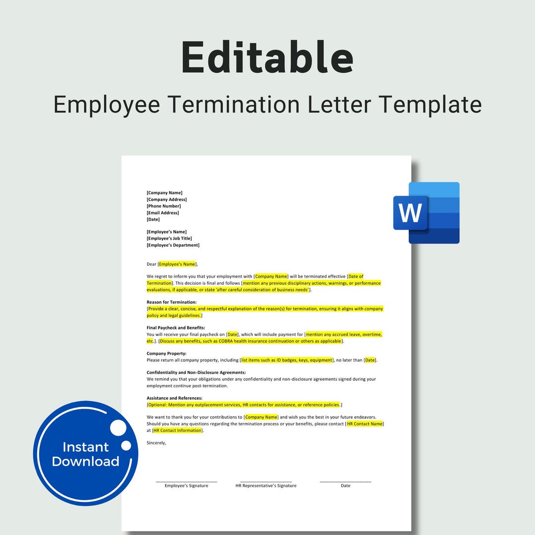 Editable Employee Termination Letter Template (word File) - Etsy