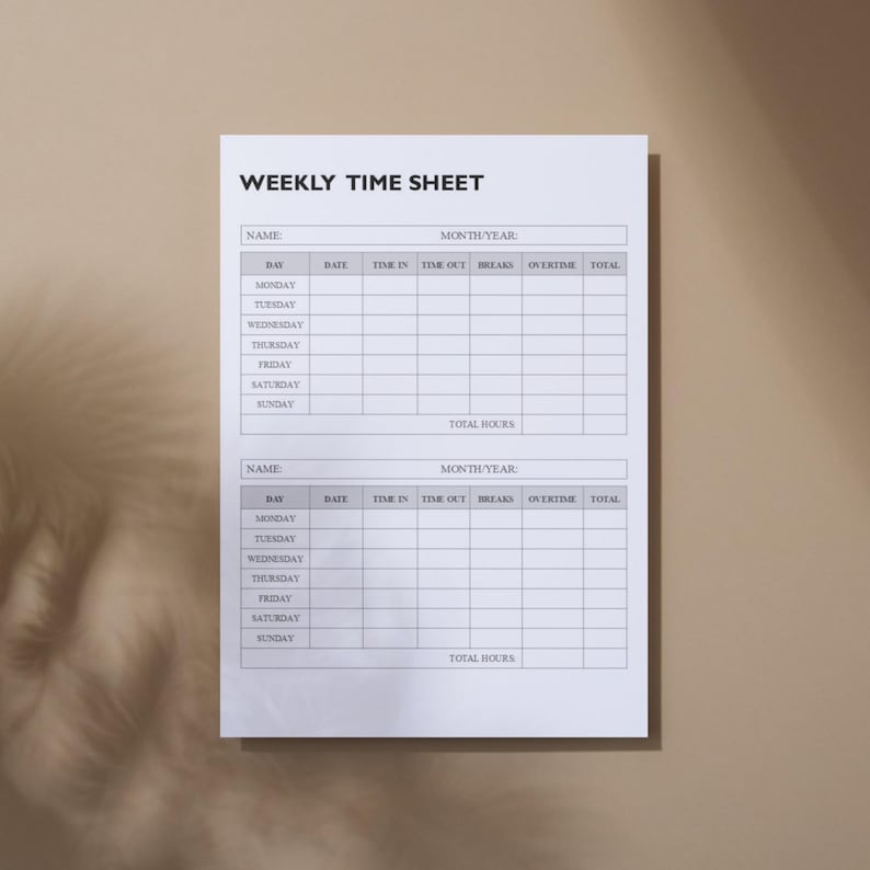 Printable Weekly Time Sheet Work Schedule, Daily Work Hours Log, Time ...