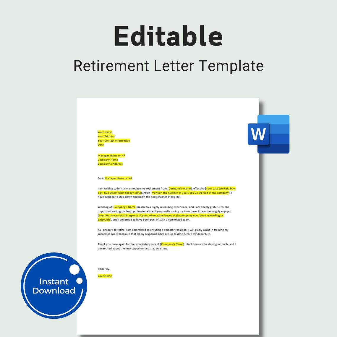 Editable Retirement Letter Template: Professional Word Doc (instant ...