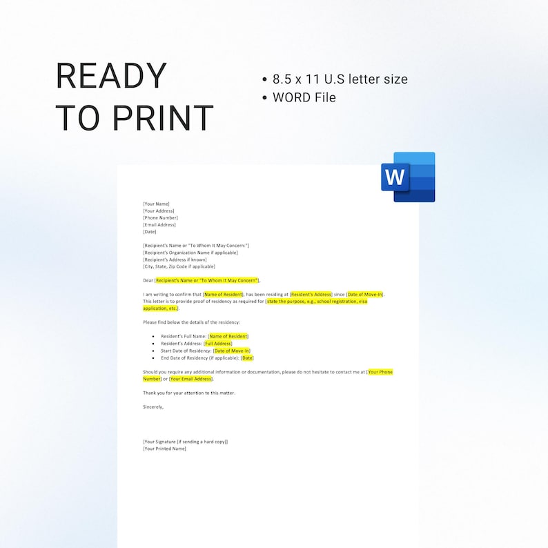 Editable Proof of Residency Letter Template (word File) - Etsy UK