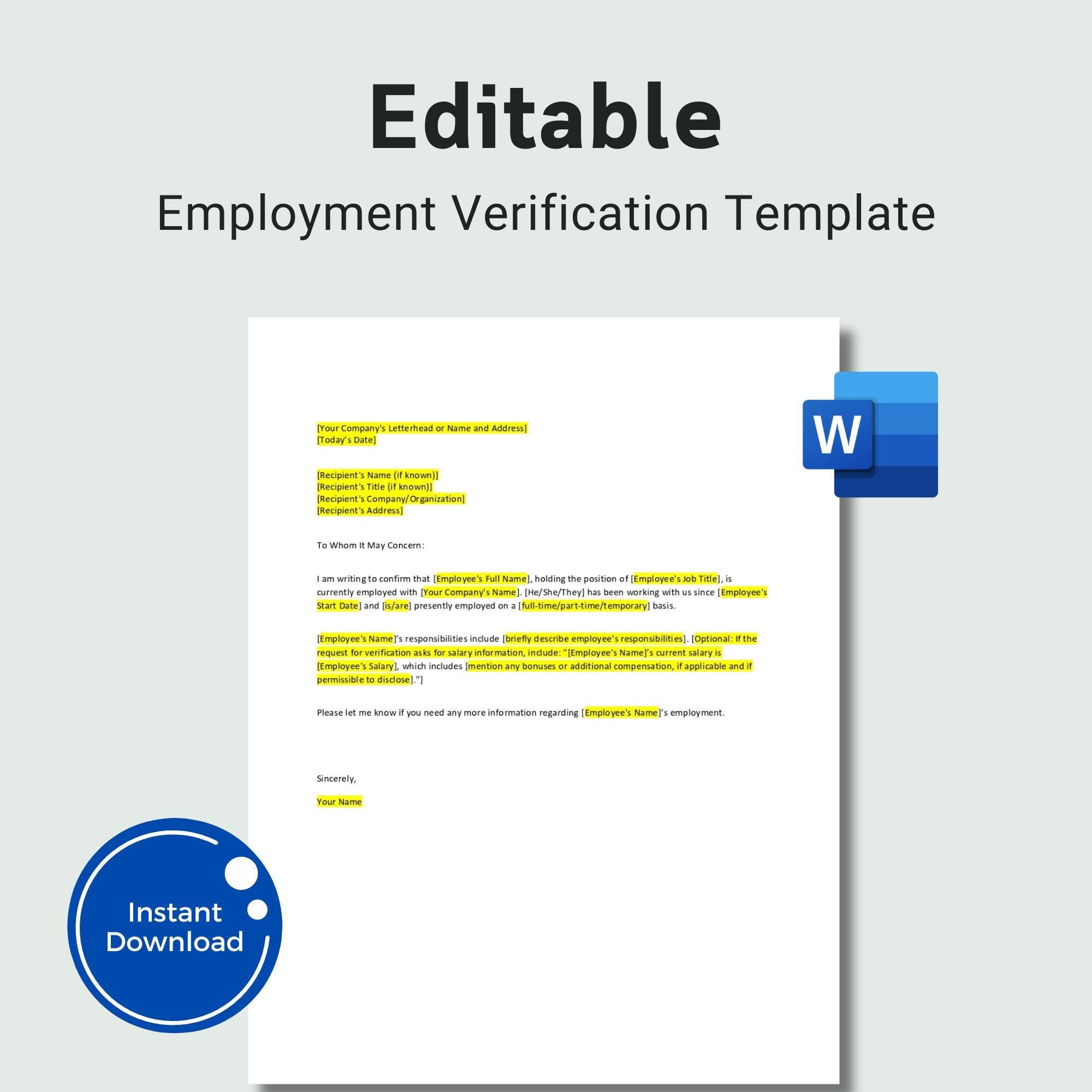 Editable Employment Verification Letter, Employment Verification Letter ...