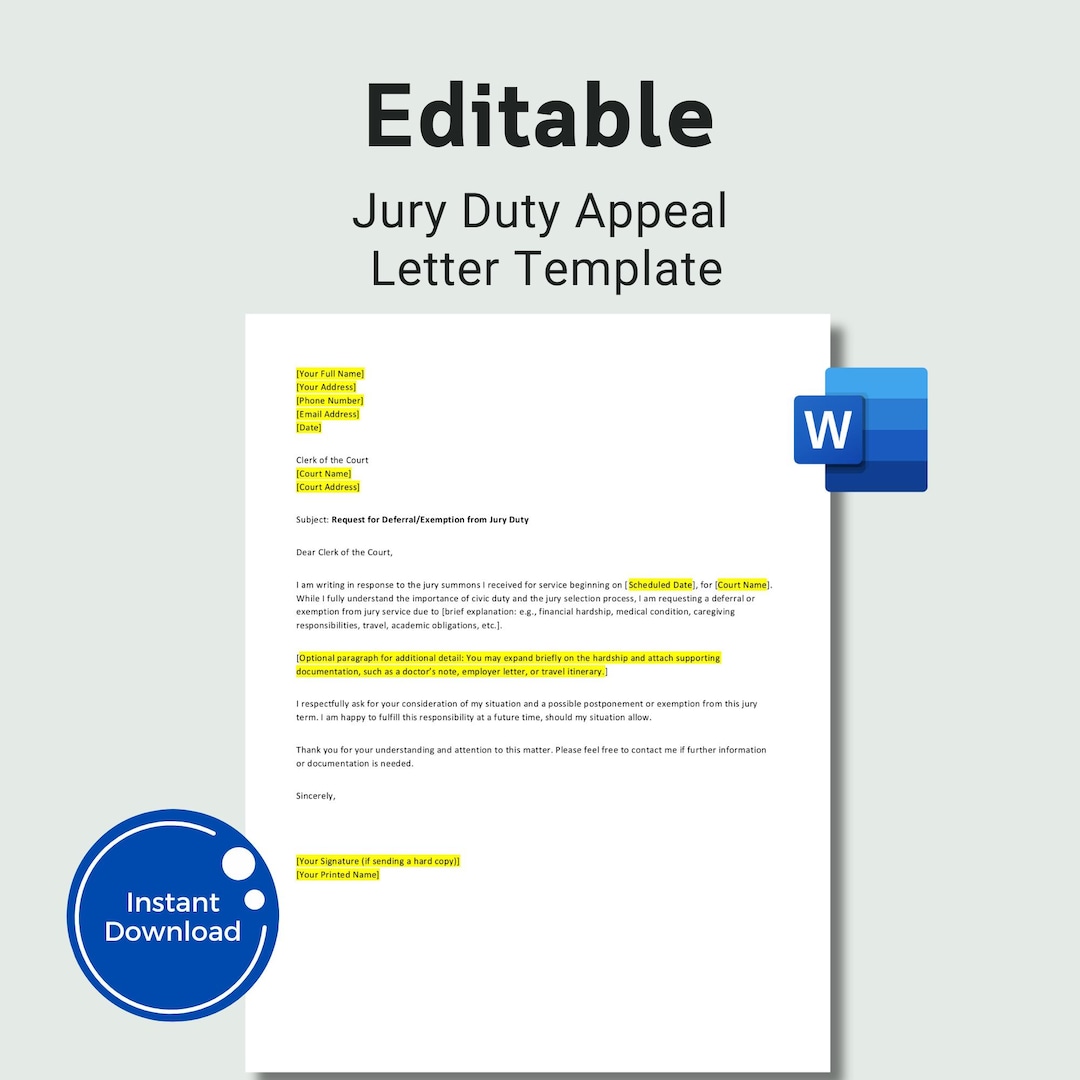 Editable Jury Duty Appeal Letter Template, Jury Duty Appeal Letter ...