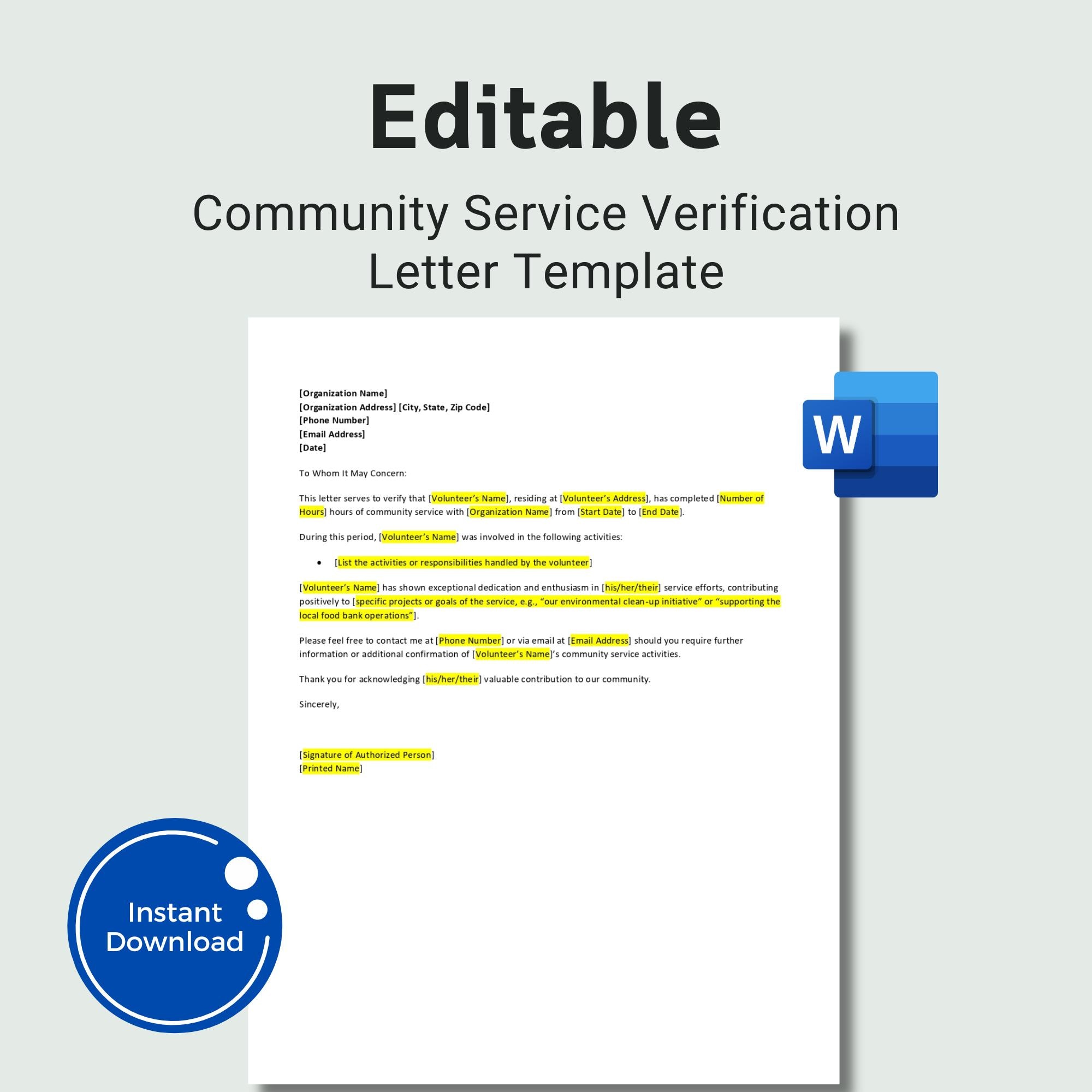 Editable Community Service Verification Letter Template, Community ...