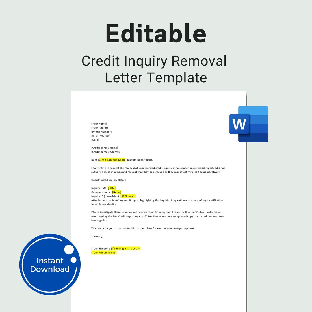 Credit Inquiry Removal Letter Template: Editable Word File (instant ...