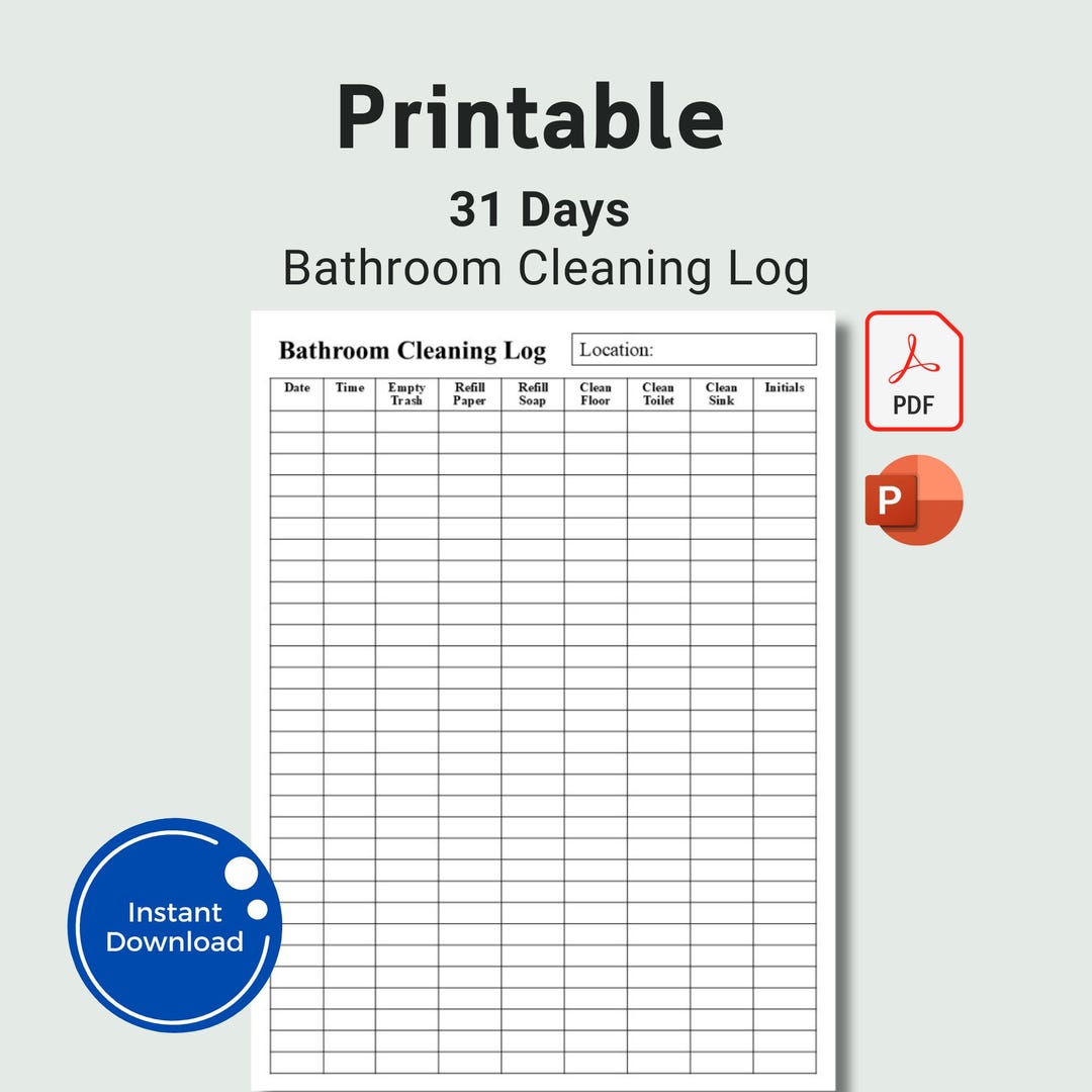 Printable Restroom Cleaning Log: 31-day Bathroom Checklist, Workplace ...