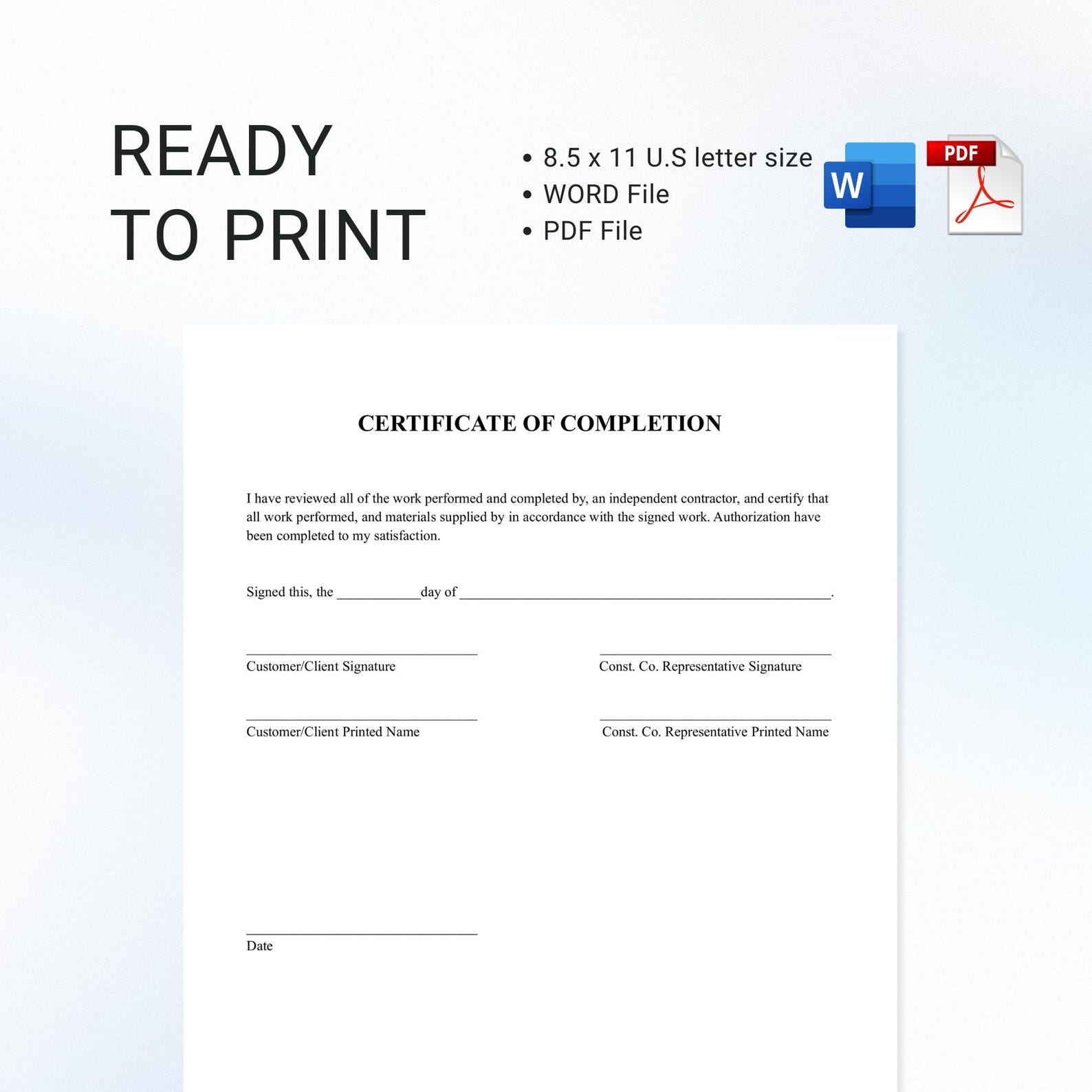 Editable Construction Certificate of Completion Template, Notice of Job ...