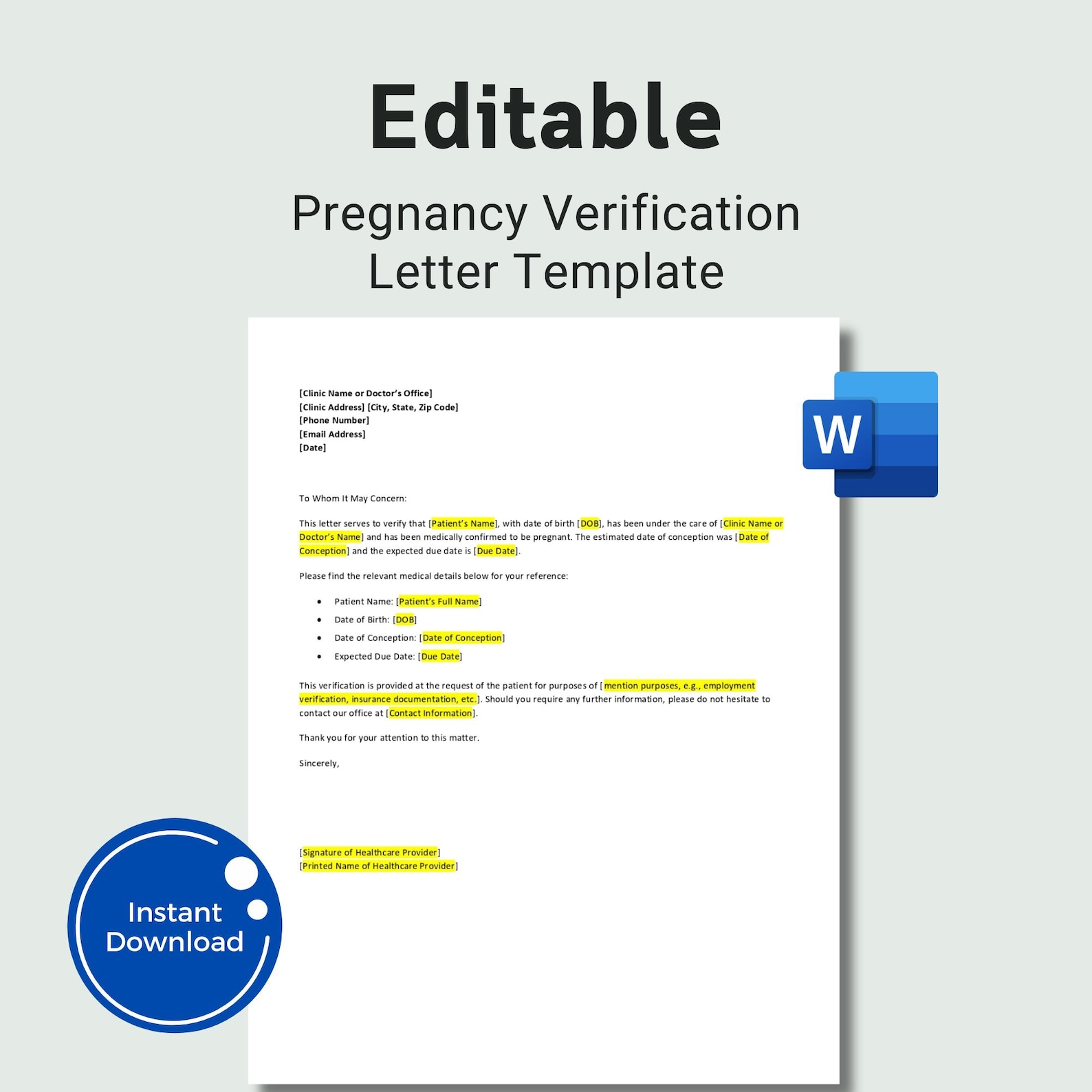 Editable Pregnancy Verification Letter Template (word File) - Etsy