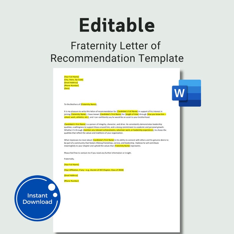 Editable Fraternity/sorority of Recommendation Template, Recommendation ...