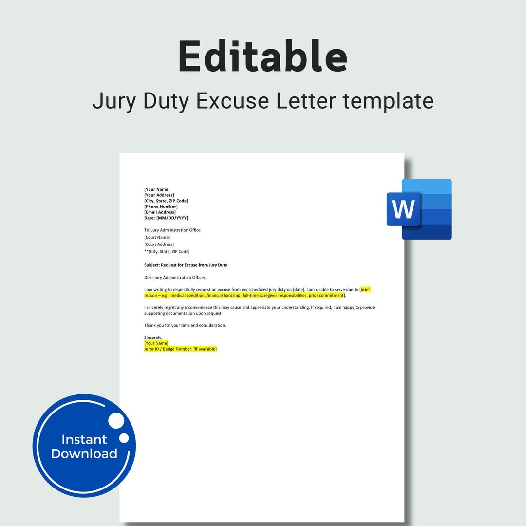 Editable Jury Excuse Letter Template, Jury Excuse Note, Jury Excuse ...