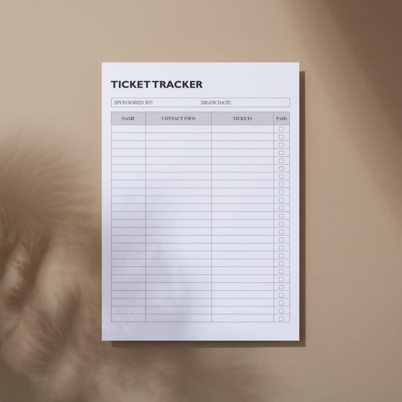 Ticket Tracker Printable Raffle Ticket Organizer Fundraiser Event ...
