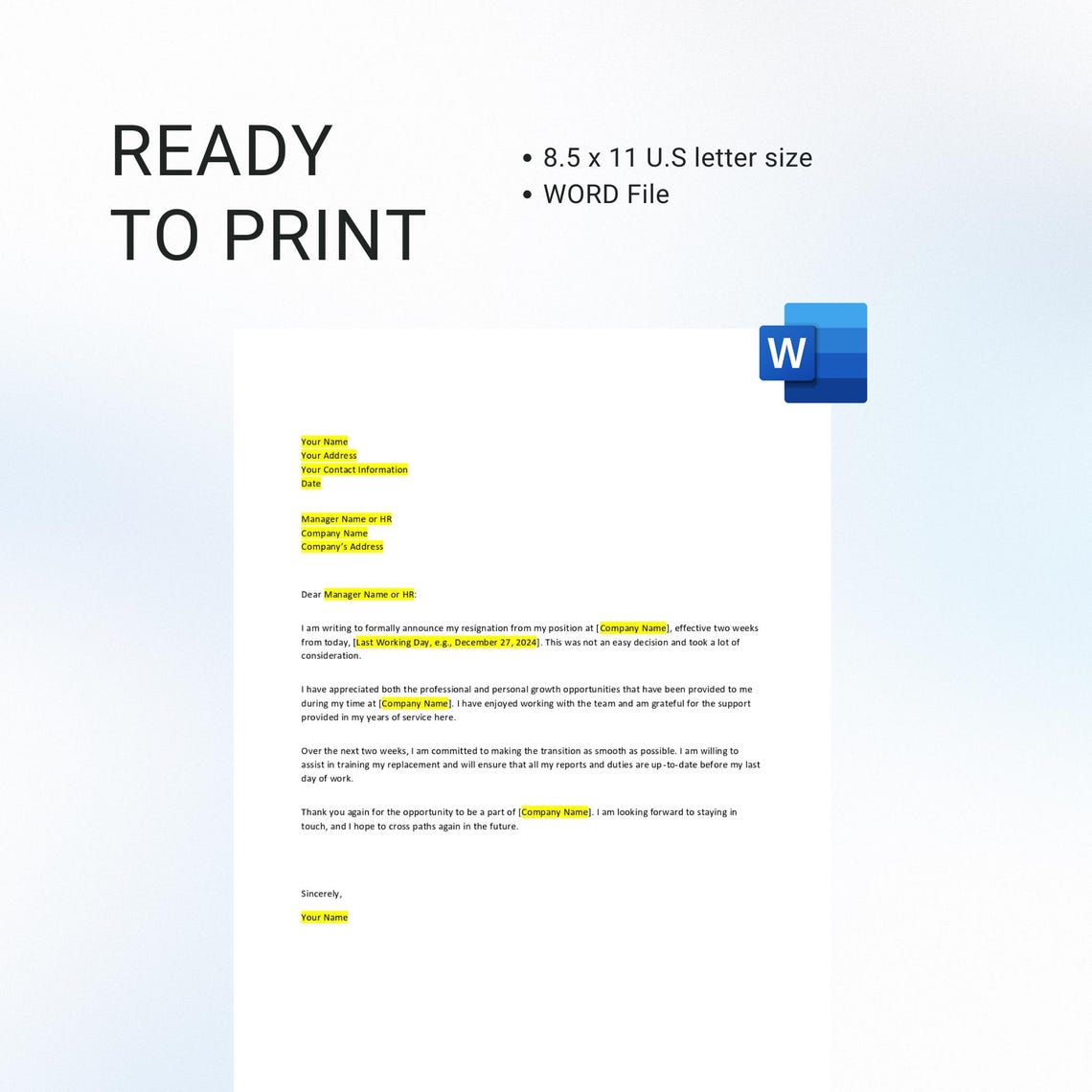 Editable Two Weeks Notice Letter Template, Two Weeks Notice Letter, Two ...