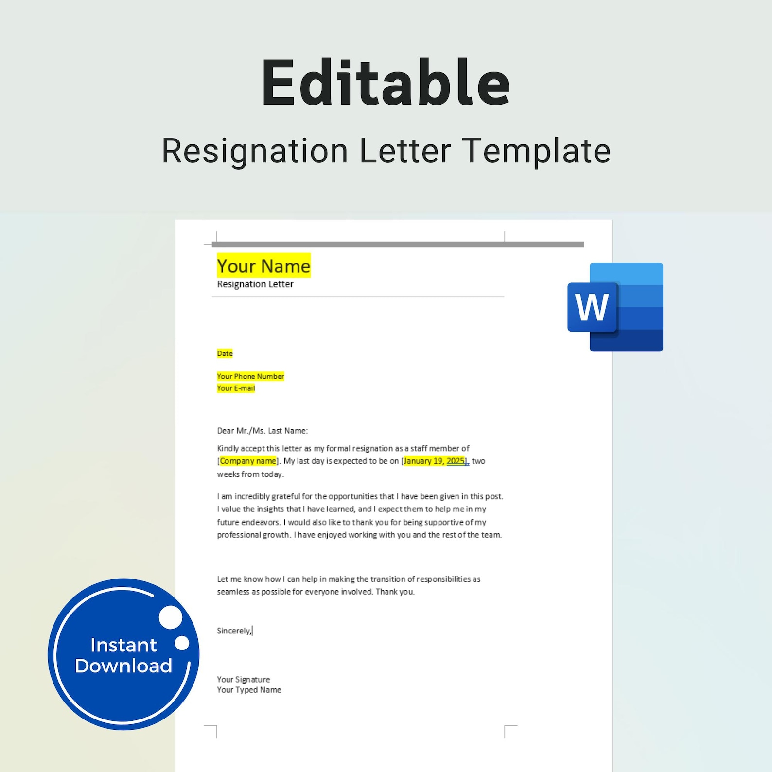 Simple Resignation Letter Template: Editable Word File (instant ...