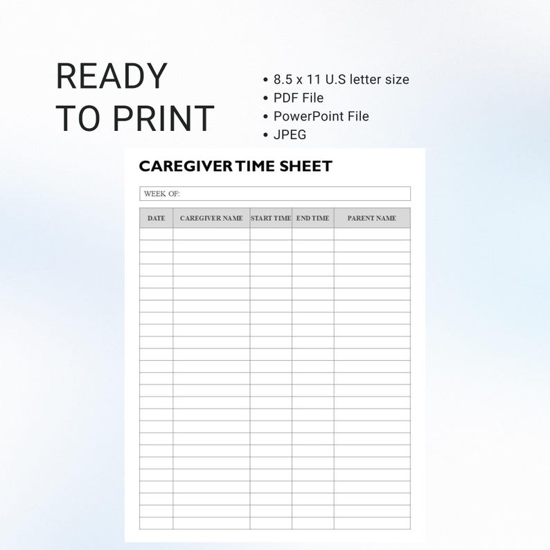 Printable Caregiver Timesheet: Home Health Care Hour Tracker, Caregiver ...