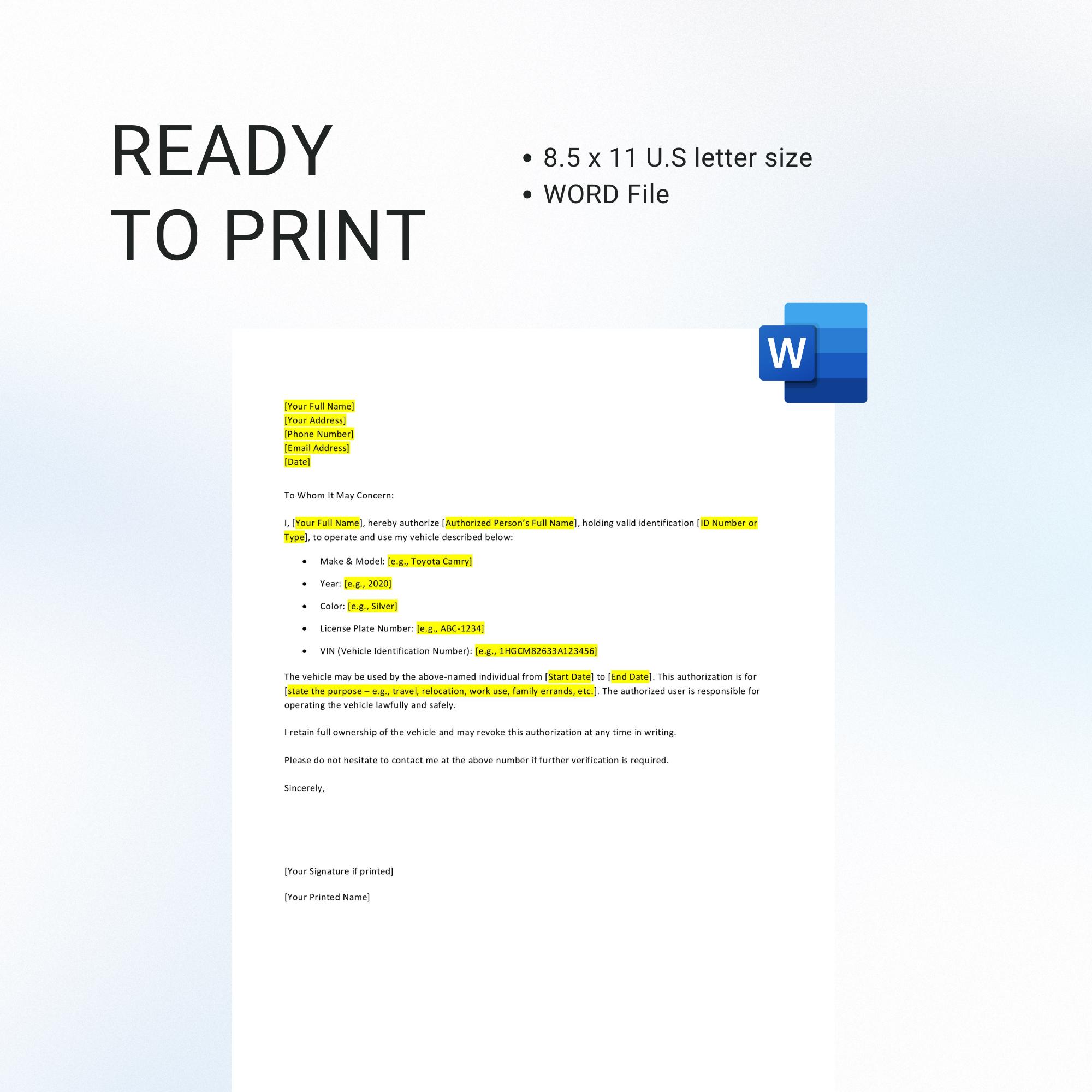 Editable Vehicle Authorization Letter Template (word File) - Etsy