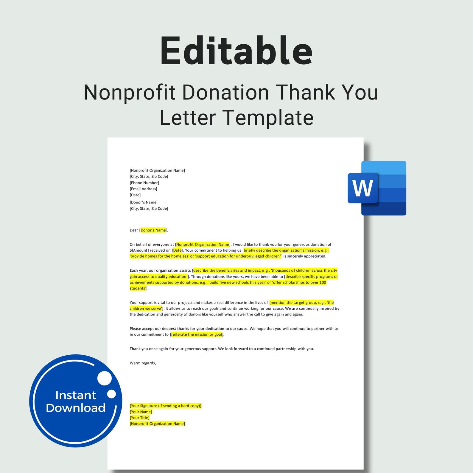 Editable Nonprofit Donation Thank You Letter Template, Thank You Note ...