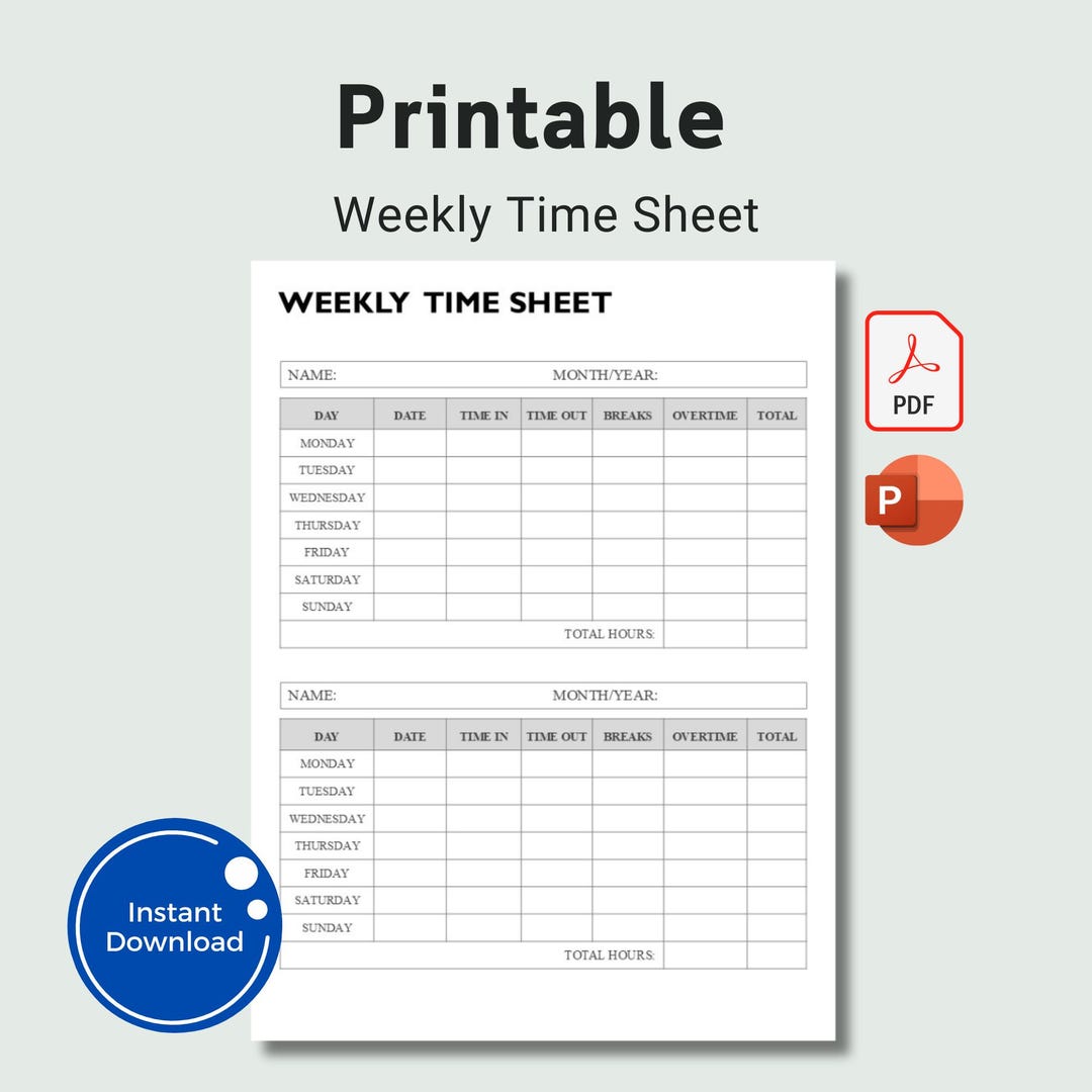 Printable Weekly Time Sheet Work Schedule, Daily Work Hours Log, Time ...