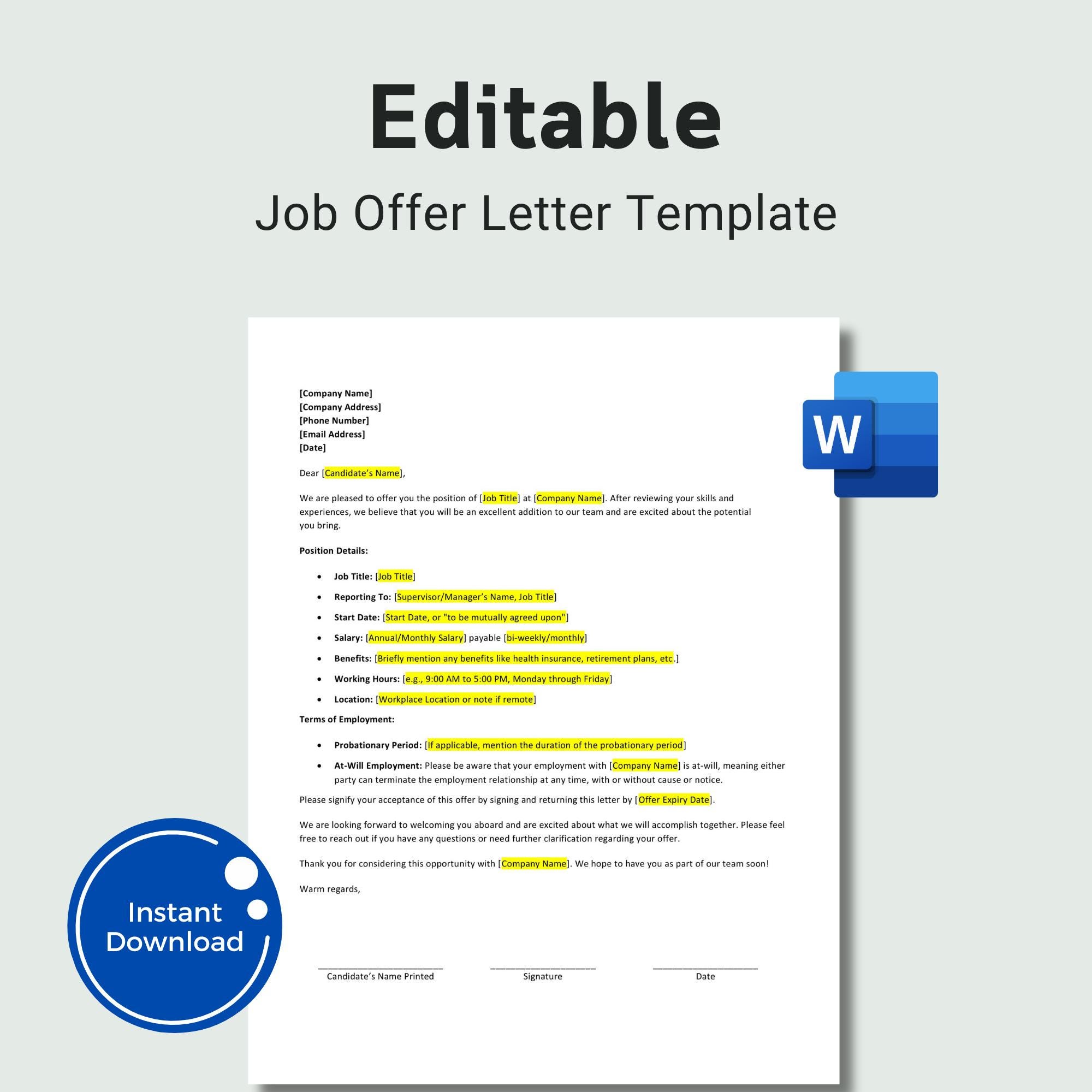 Editable Job Offer Letter Template: Professional Employment Offer (word ...