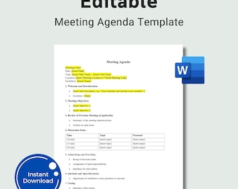 Meeting Agenda Template Editable Printable Business Team Staff Weekly ...