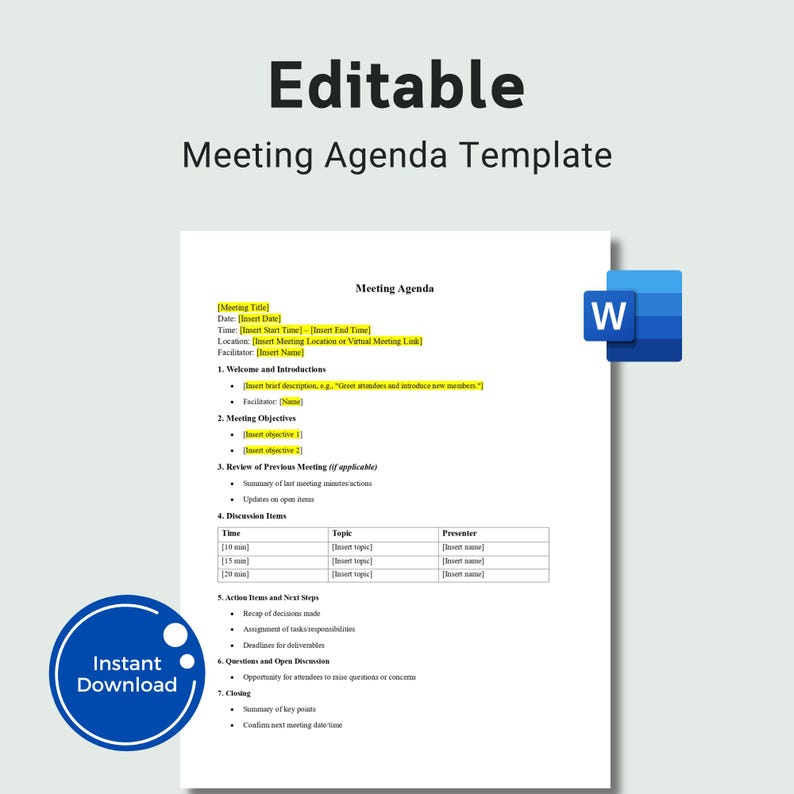 Editable Meeting Agenda Template (word File) - Etsy