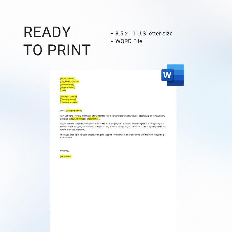 Editable Return to Work Letter Template, Employee Return Letter Sick ...