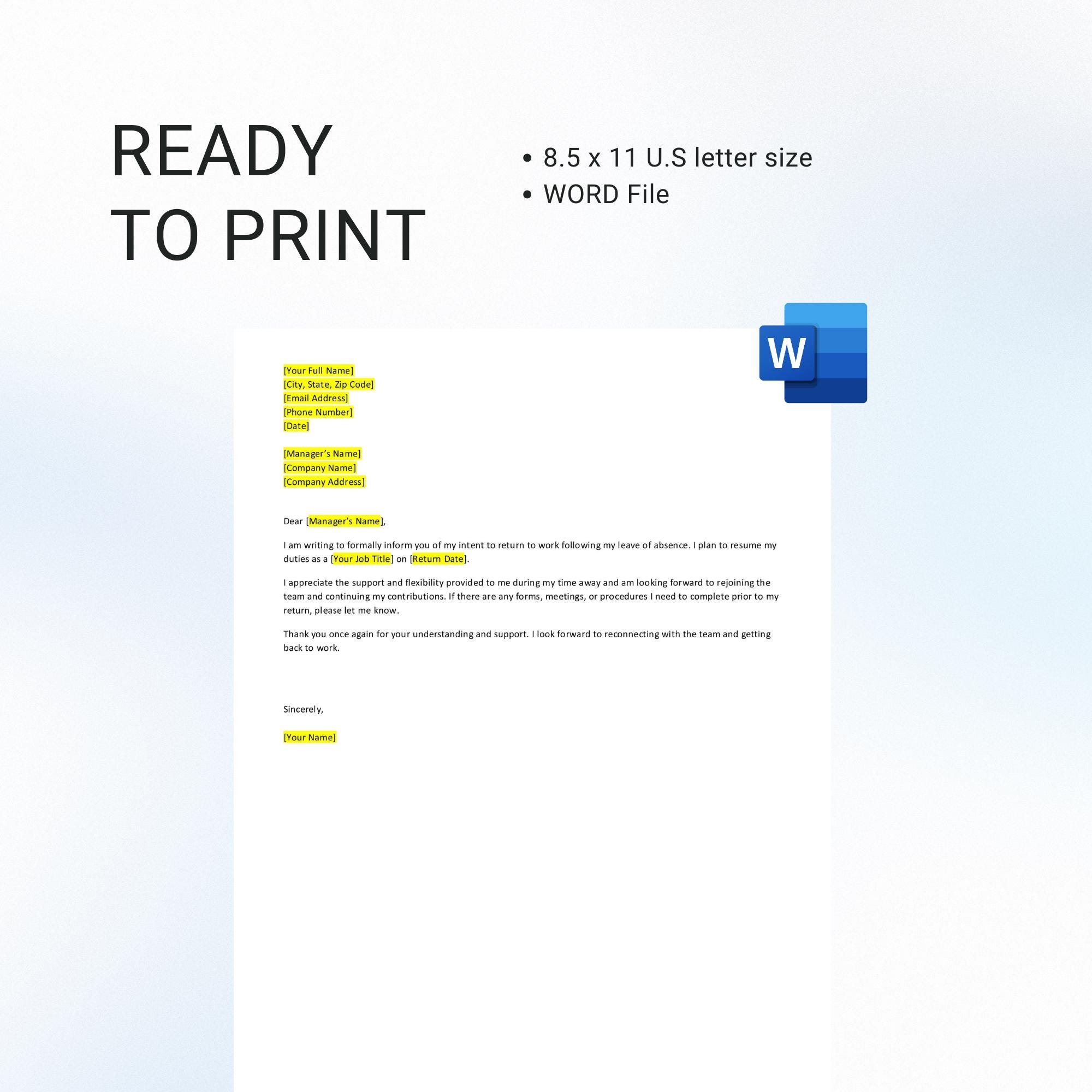 Editable Return to Work Letter Template, Employee Return Letter Sick ...