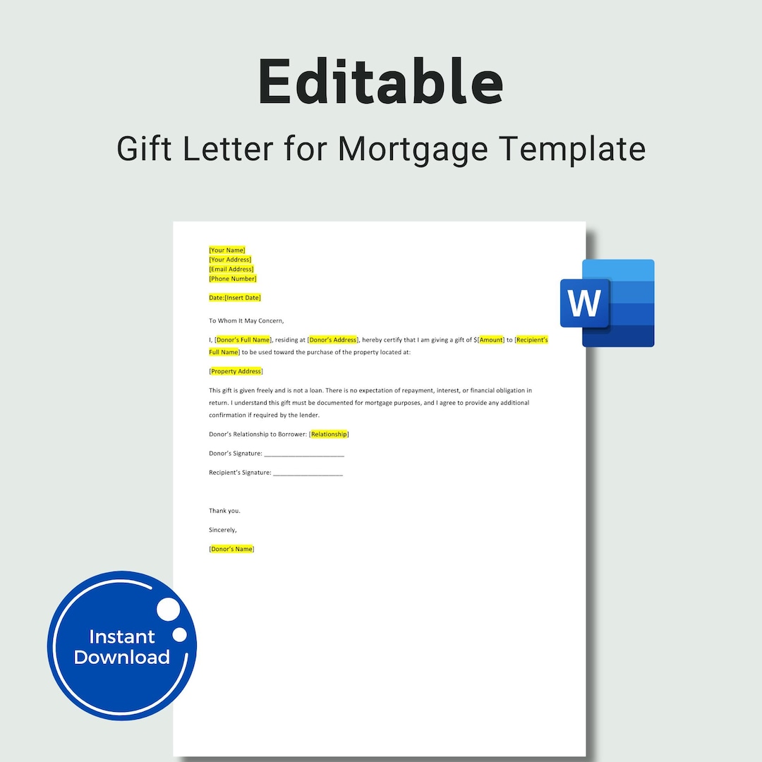 Editable Mortgage Gift Letter Template Down Payment Gift Letter ...