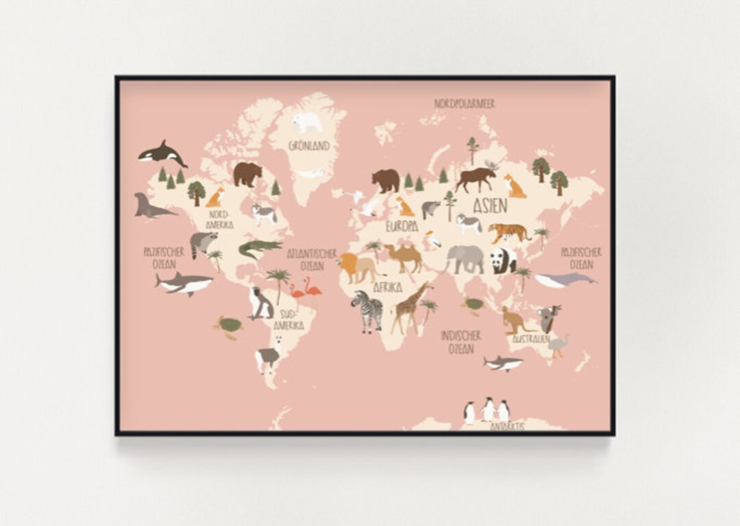 Worldmap Map Kids Animals World Kinderzimmer Dekor - Etsy