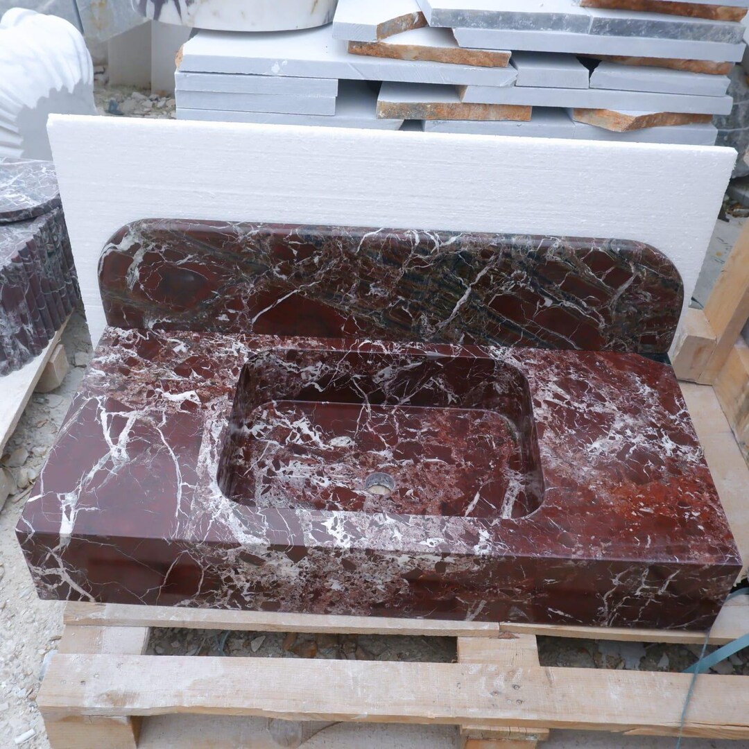Handcrafted Rosso Levanto Marble Wall-mounted Sink With Backsplash - Etsy