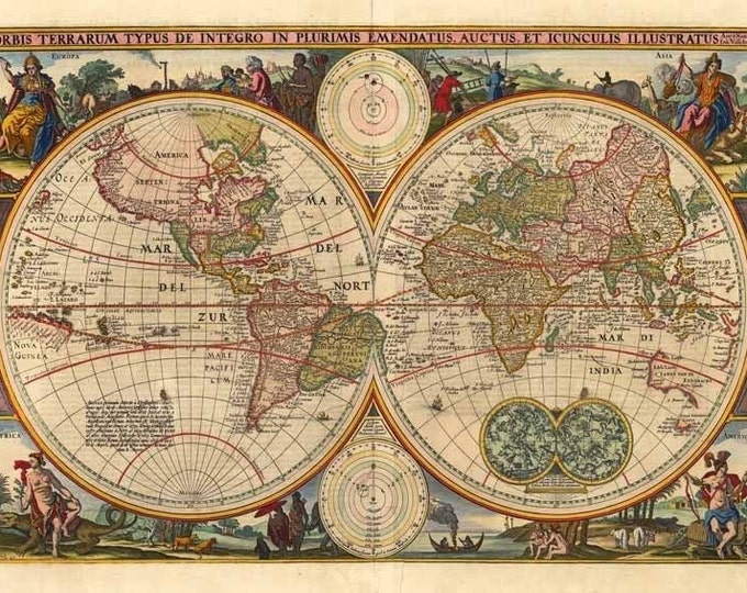 Old World Map Large VINTAGE World Map HISTORIC 1689 Antique Old World ...
