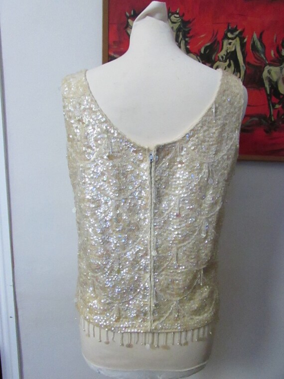 Beautiful 1960s ivory beaded & sequinned shell top, l… - Gem